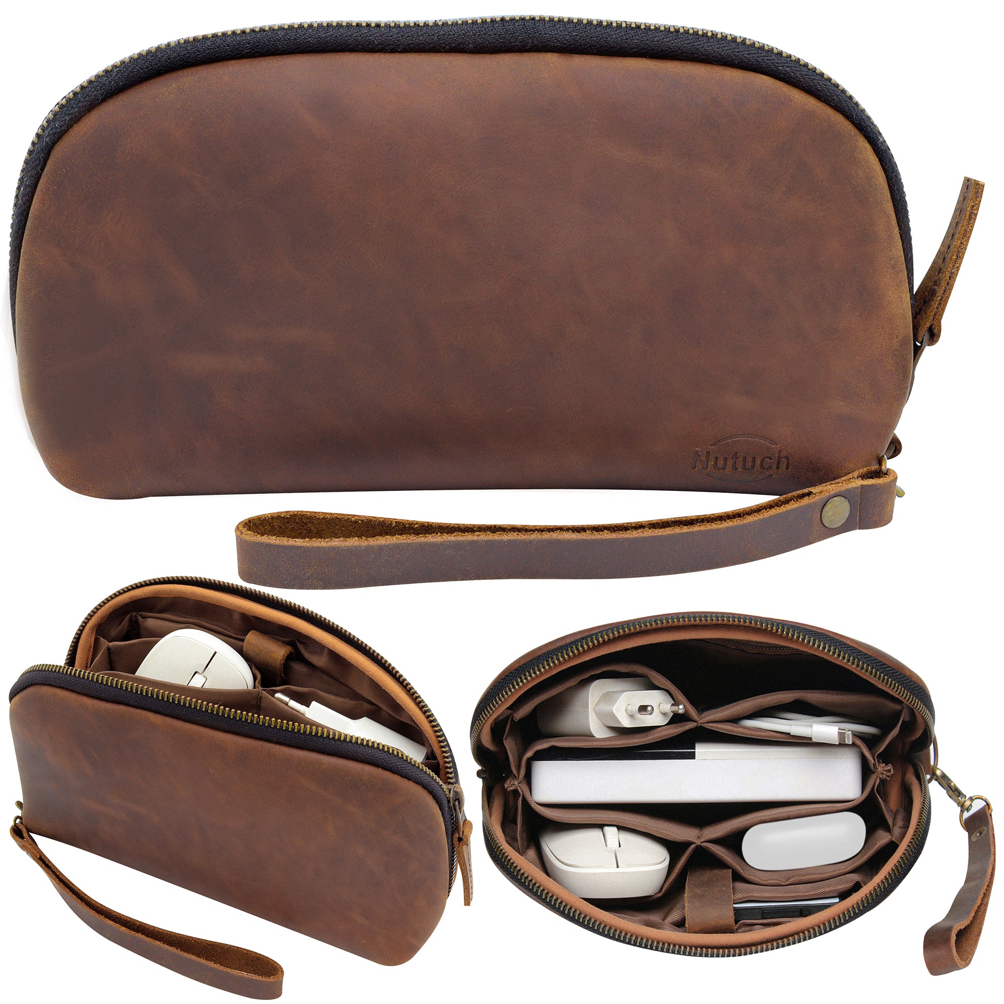 NUTUCH Leather Tech Pouch for Cables Chargers Phone | Tech Bag | Zippe